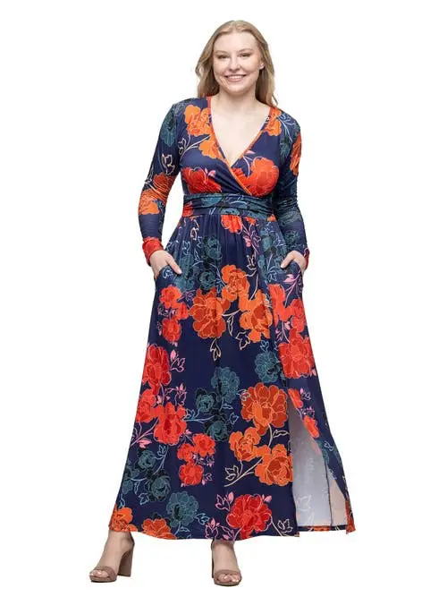 24SEVEN COMFORT APPAREL Floral Print Long Sleeve Maxi Dress