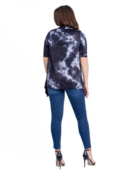 24SEVEN COMFORT APPAREL Tie-dye Elbow Sleeve Open Front Cardigan - Black Multi