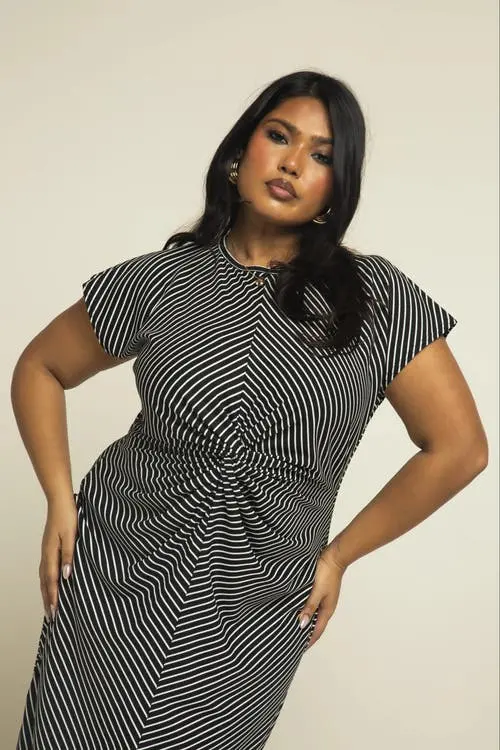 FASHION-SZN CURVE Cinched Striped Print Midi Dress