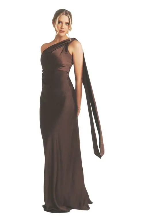 SIX STORIES One-shoulder Satin Bridesmaid Dress - Chocolate
