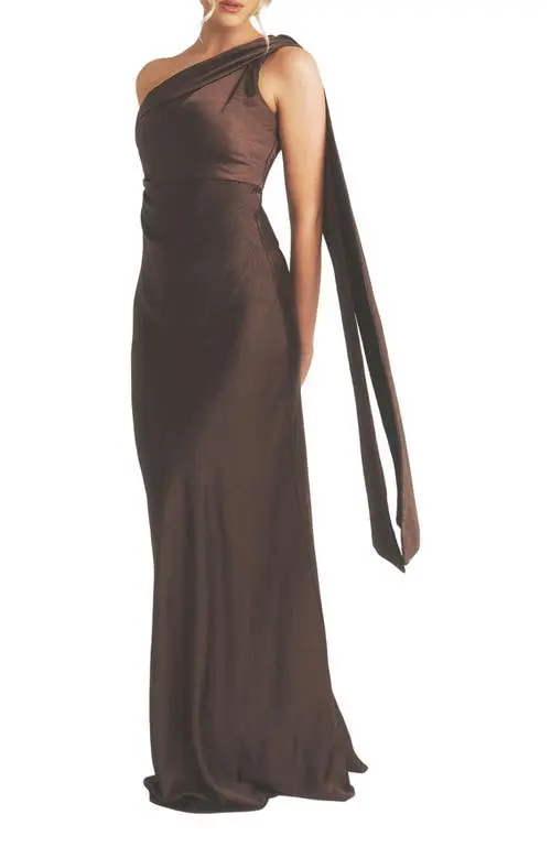 SIX STORIES One-shoulder Satin Bridesmaid Dress - Chocolate
