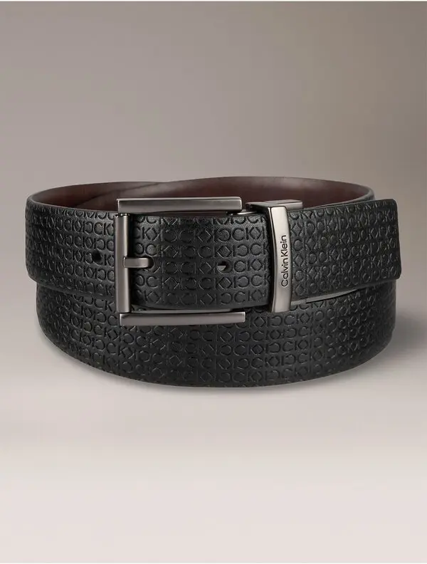 Calvin Klein Allover Monogram Logo Reversible Harness Buckle Belt - Black/ Brown