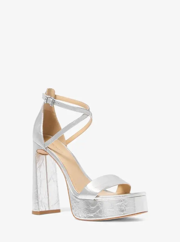 Michael Kors Cami Crackled Metallic Leather Platform Sandal - Silver