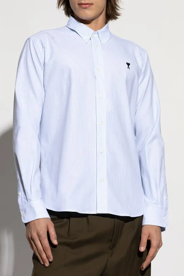 Ami Cotton Shirt With Logo - Blue