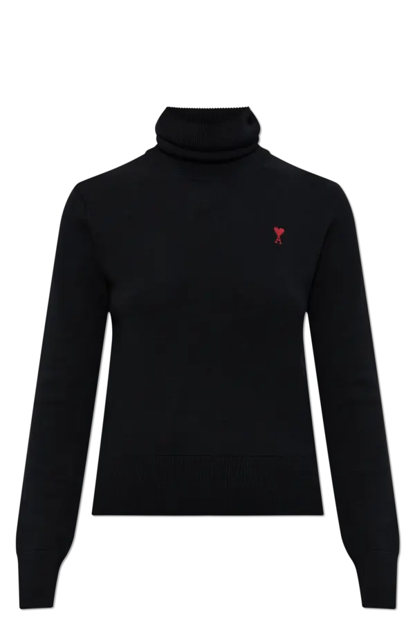 AMI Paris Wool Turtleneck With Embroidered Logo - Black