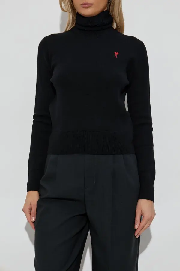 AMI Paris Wool Turtleneck With Embroidered Logo - Black
