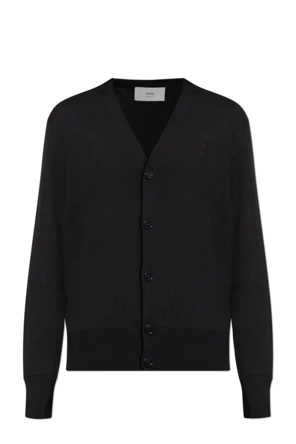 AMI Paris Wool Cardigan With Embroidered Logo - Black