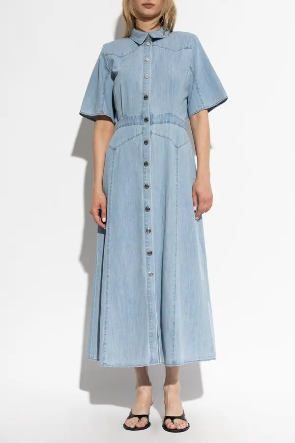 gestuz denim dress Gestuz Denim Maxi Dress With Fringe Detailing - Blue