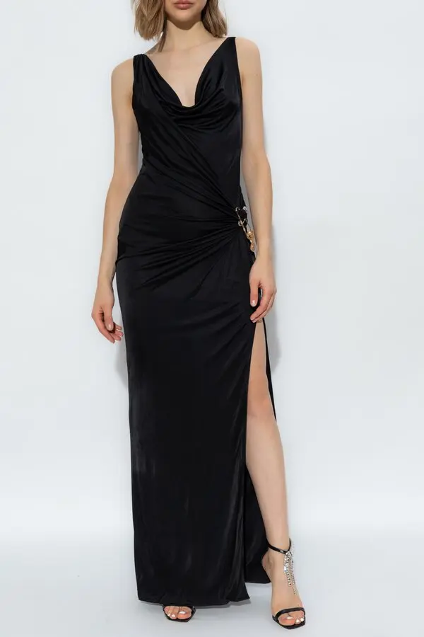 Versace Logo Embellished Draped Viscose Dress