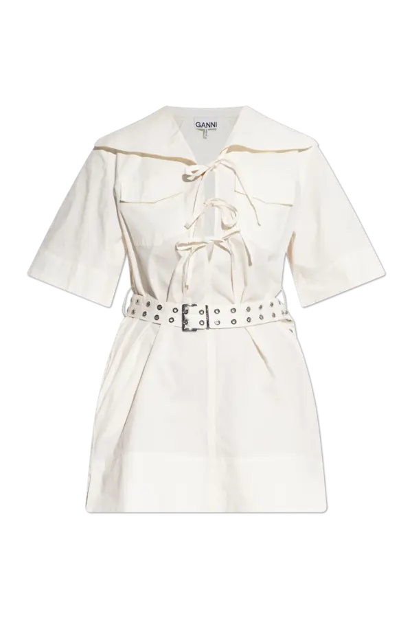 GANNI Belted Dress With Laced Neckline
