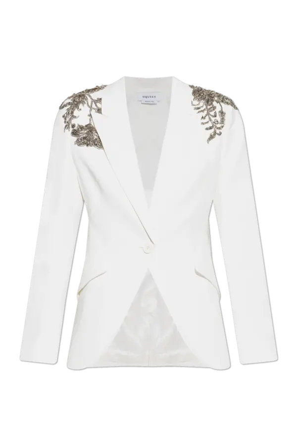 Alexander McQueen Blazer With Shimmering Floral Appliqués - White