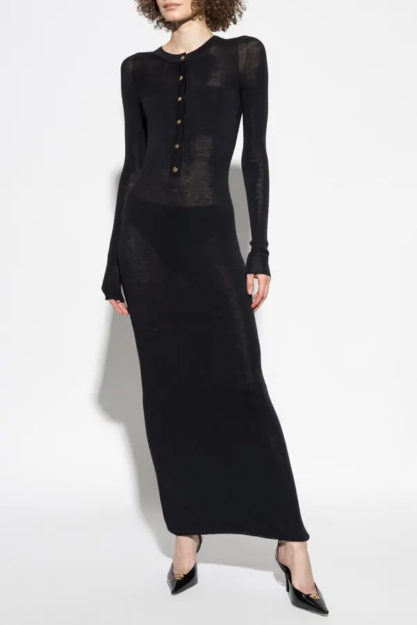 Versace Fitted Knit Dress With Gold Logo Buttons - Black | Editorialist