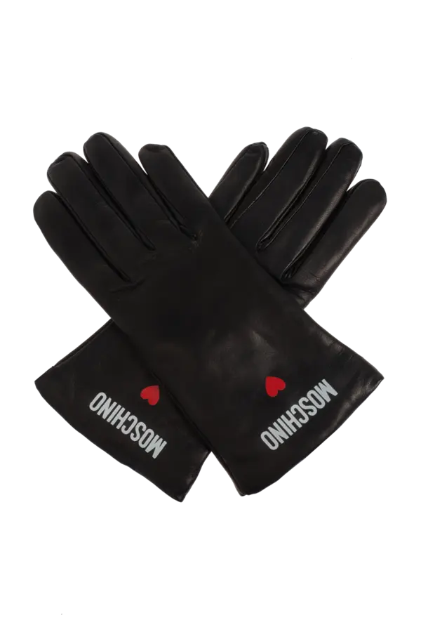 Moschino Leather Gloves With Printed Logo - Black