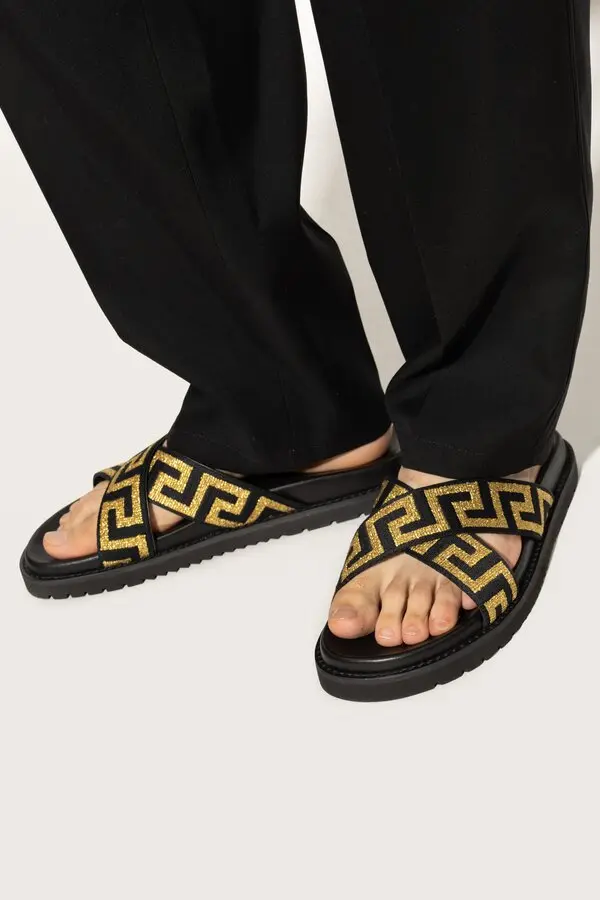 Versace Greek Key Crisscross Slide Sandals In Black  display picture 2