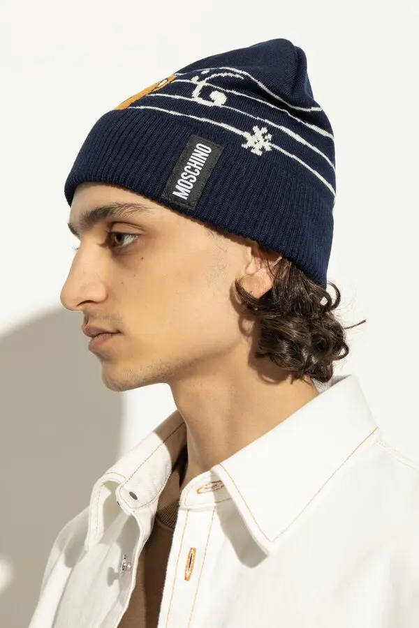 Moschino unisex bear patch logo ribbed knit beanie Moschino Knitted Hat With Pom Pom and Bear Logo 24FW BLUE NAVY main image 4
