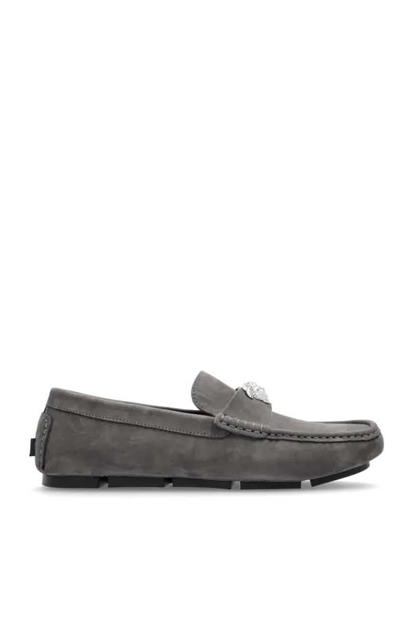 Versace Suede Loafers With Medusa Buckle - Grey