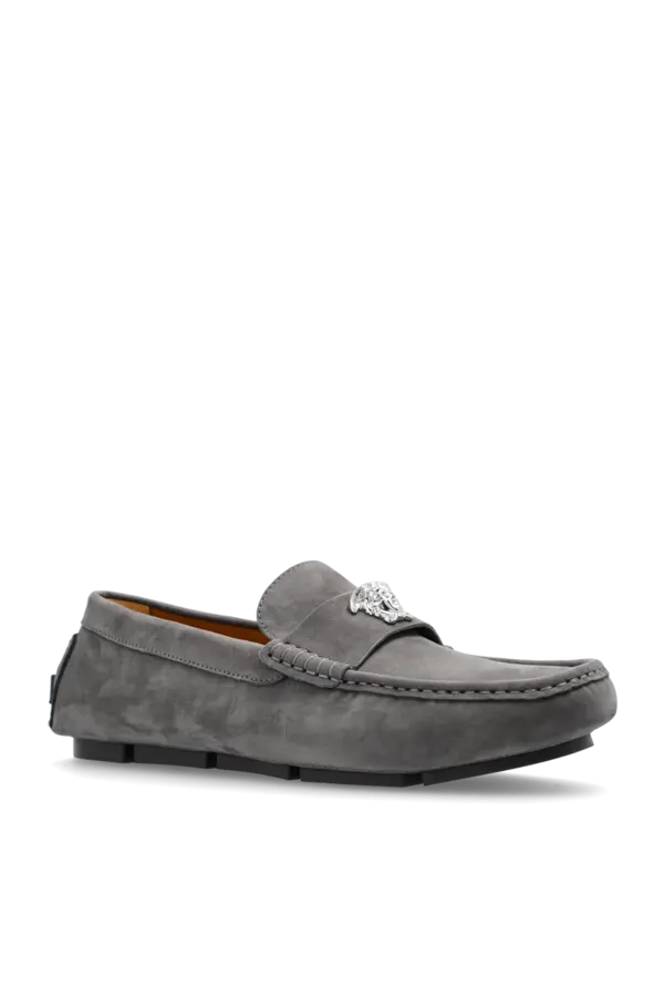 Versace Suede Loafers With Medusa Buckle - Grey