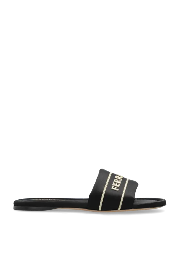 FERRAGAMO Satin Mules With Embroidered Logo - Black