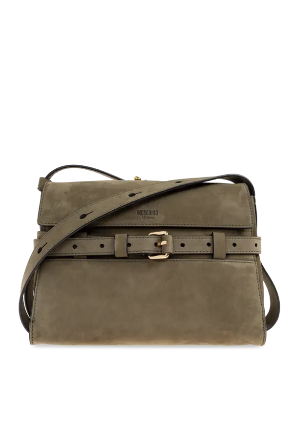 Moschino Suede Shoulder Bag With Gold Buckle - Green