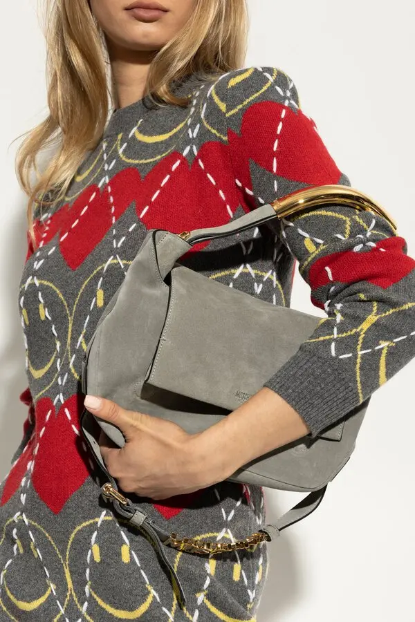 Moschino Suede Handbag With Golden Appliqu - Grey