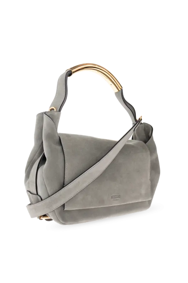 Moschino Suede Handbag With Golden Appliqu - Grey