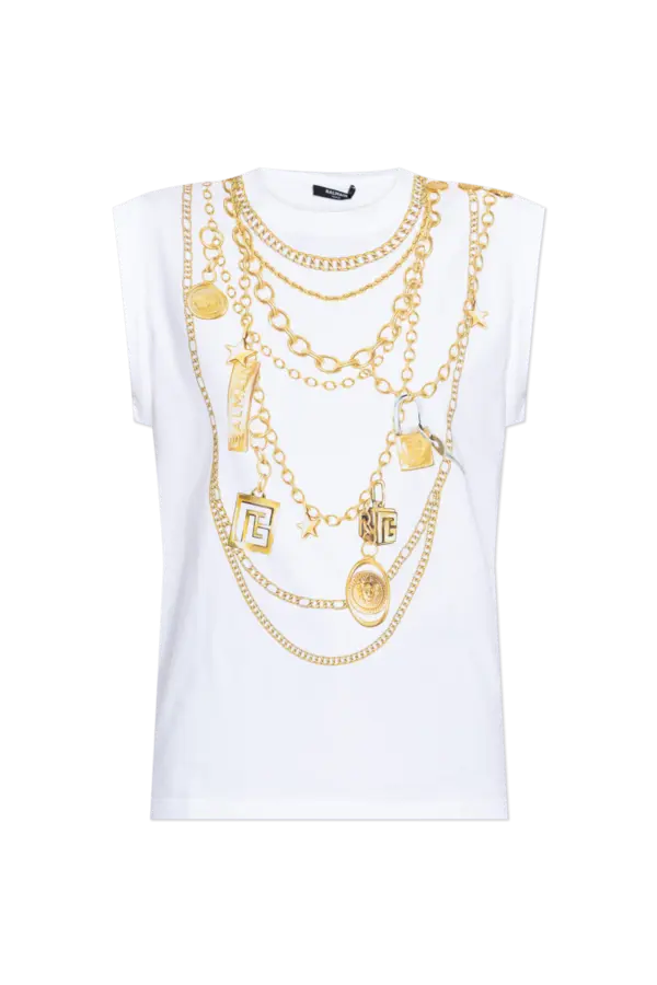 Balmain Printed Cotton Top With Appliqués - White