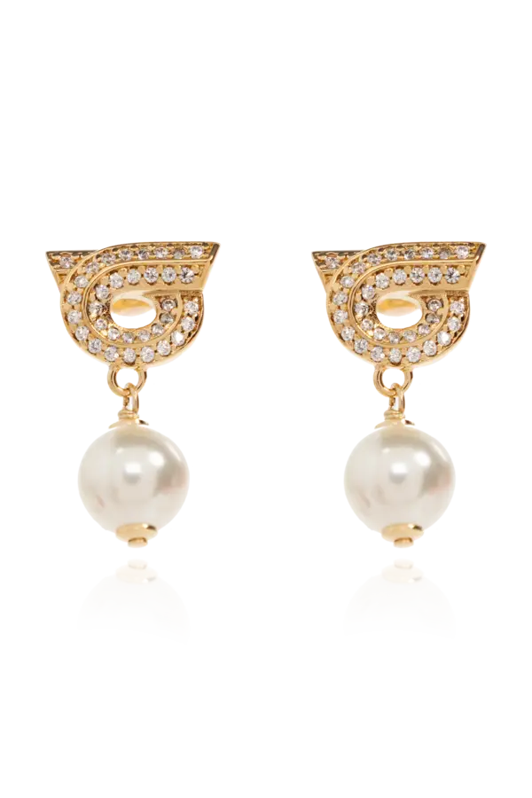 FERRAGAMO Earrings With Logo Detailing And Pearl Accent - Gold