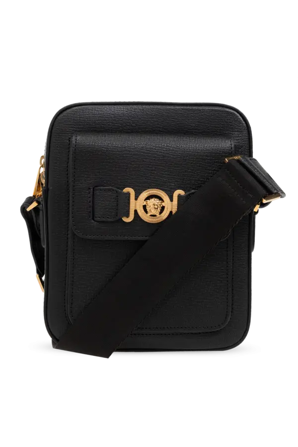Versace Leather Shoulder Bag With Golden Emblem - Black