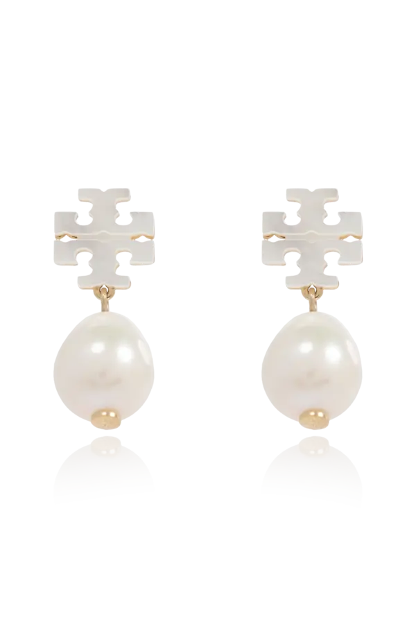 Tory Burch Kira Pearl Logo Dangle Earrings - White
