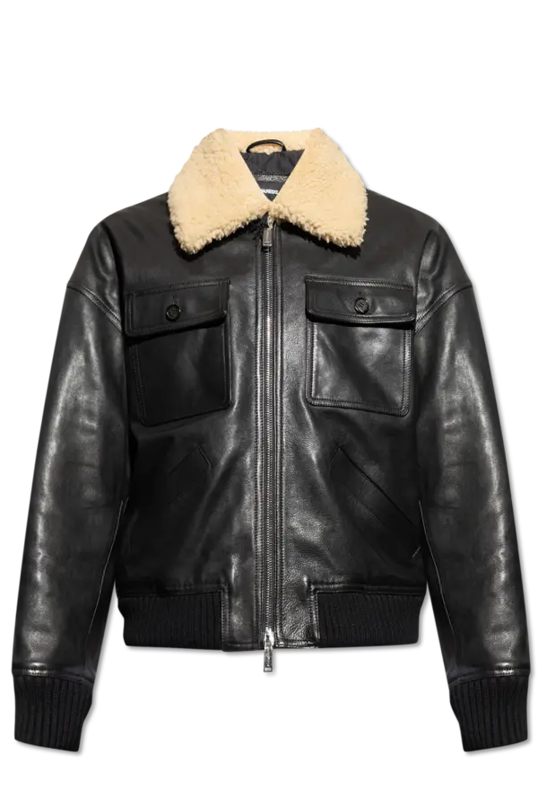 Dsquared2 Leather Bomber Jacket With Faux Fur Collar