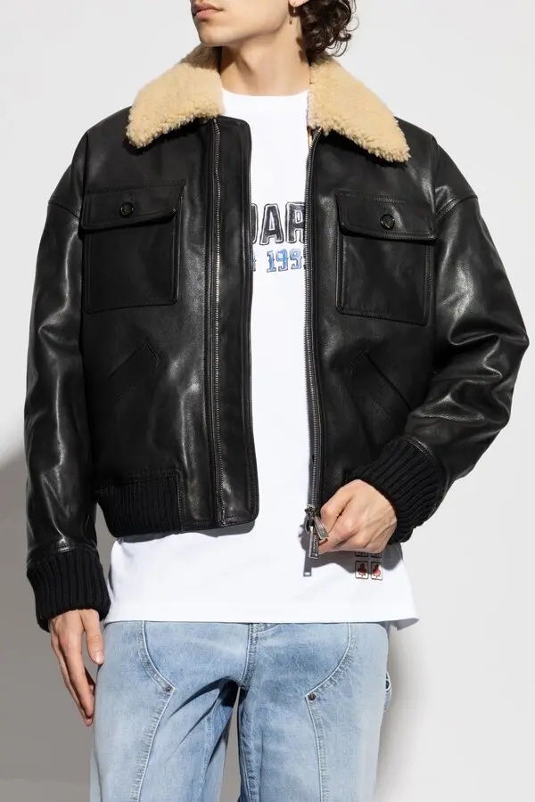 Dsquared2 Leather Bomber Jacket With Faux Fur Collar