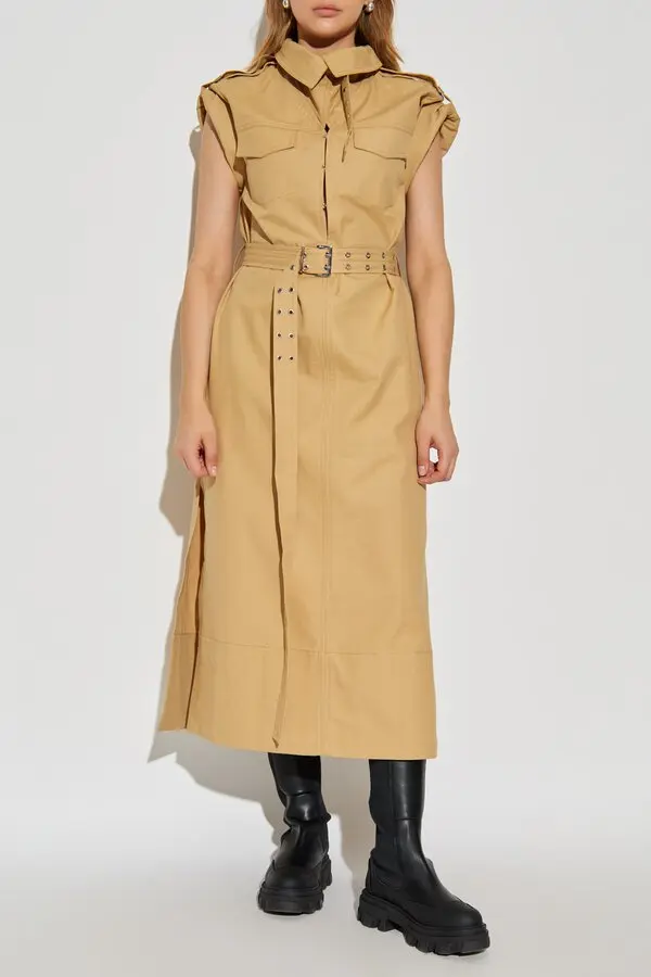 GANNI Cotton-linen Blend Midi Dress With Belt