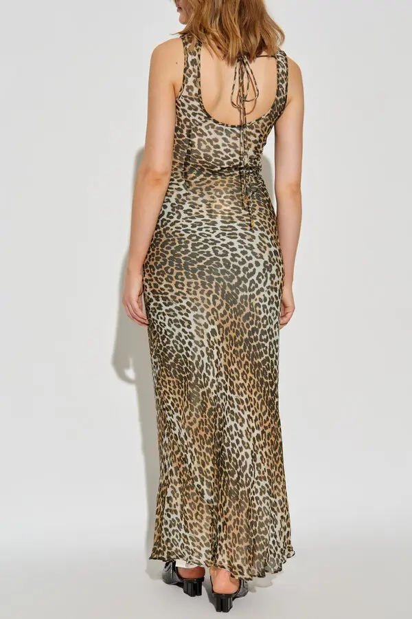 ganni beige dress Long brown and cream striped dress with a square neckline