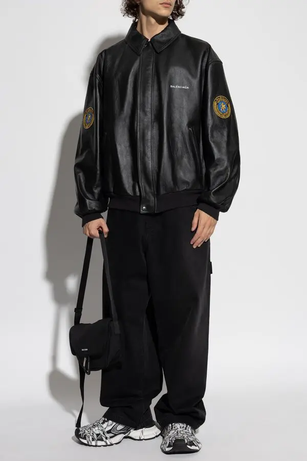 Balenciaga Leather Jacket With Patch - Black | Editorialist