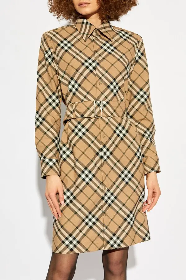 burberry beige dress Burberry Wool Logo Nova Check Pleated Mini Dress Beige