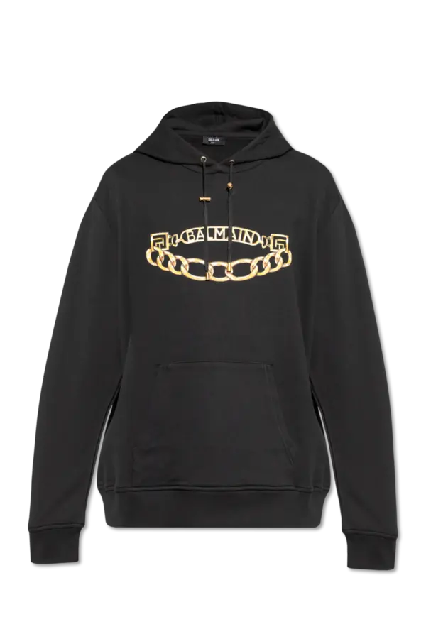 Balmain Hooded Cotton Knit Pullover With Gold Chain Motif