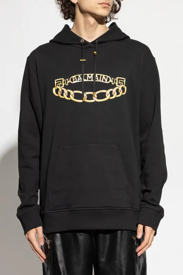 Balmain Hooded Cotton Knit Pullover With Gold Chain Motif