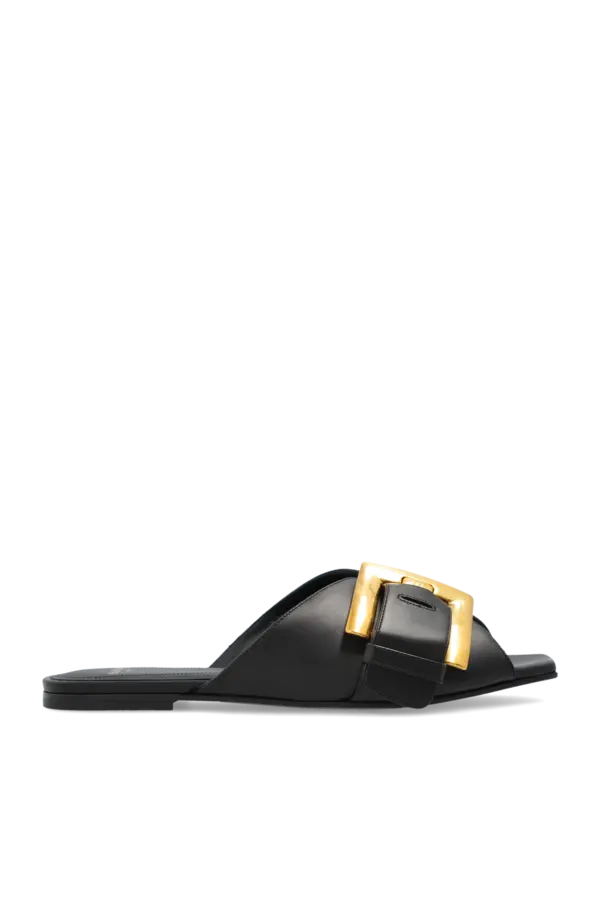 Balmain Leather Slides With Gold Buckle - Black
