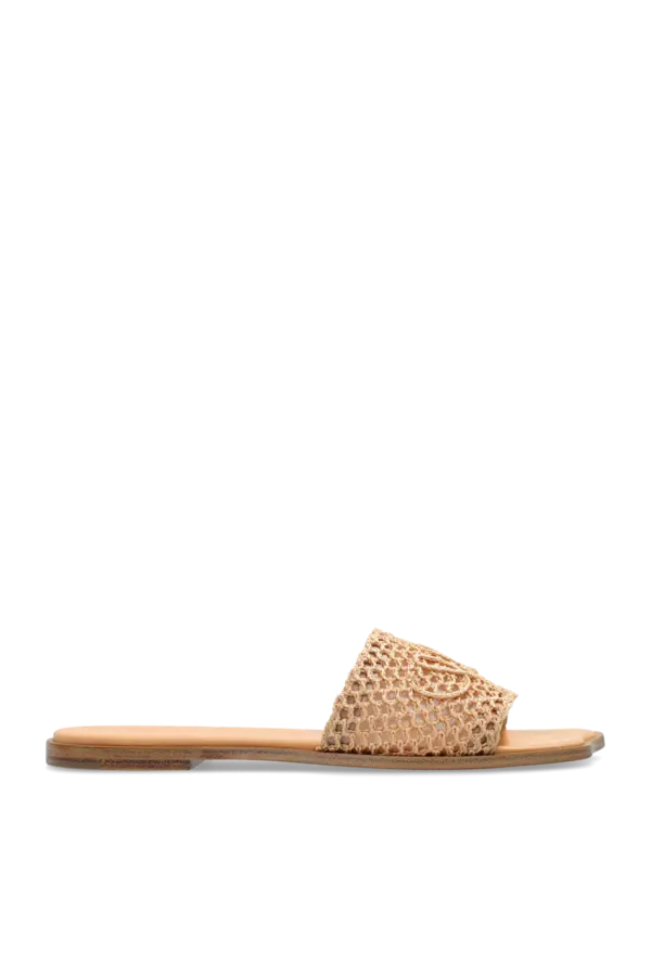 Chloé Flower Woven Leather Slides - Beige
