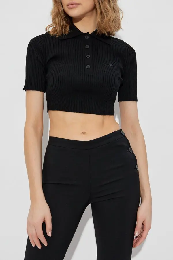 COURREGES Short Ribbed Knit Top With Embroidered Logo