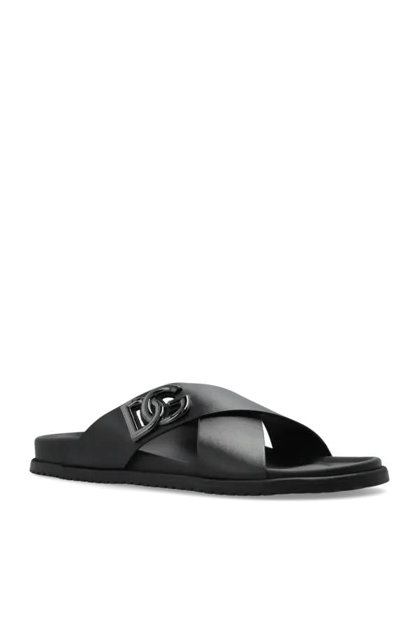 Dolce & Gabbana Leather Slides With Logo Appliqu
