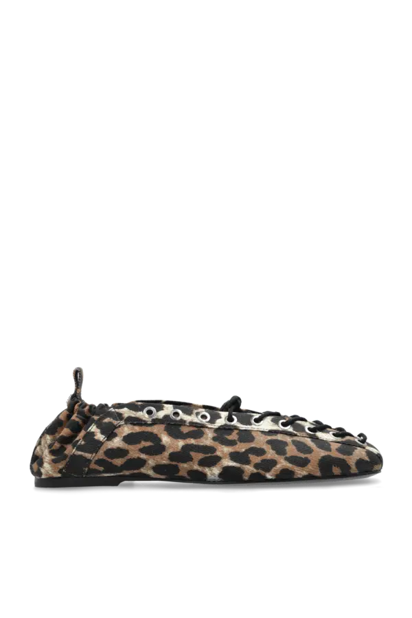 GANNI Leopard Print Lace-up Ballerina Flats - Beige