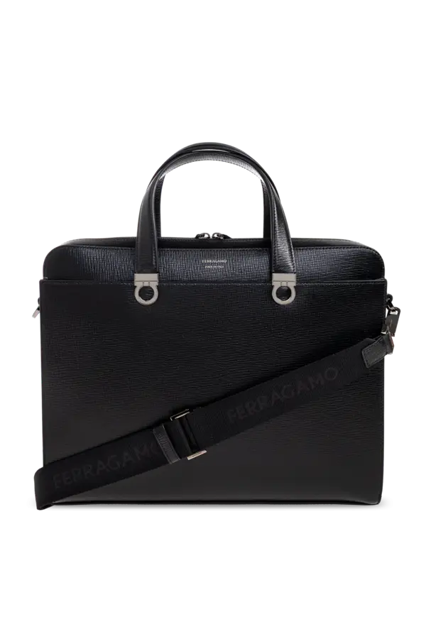 FERRAGAMO Leather Briefcase With Embossed Logo - Black