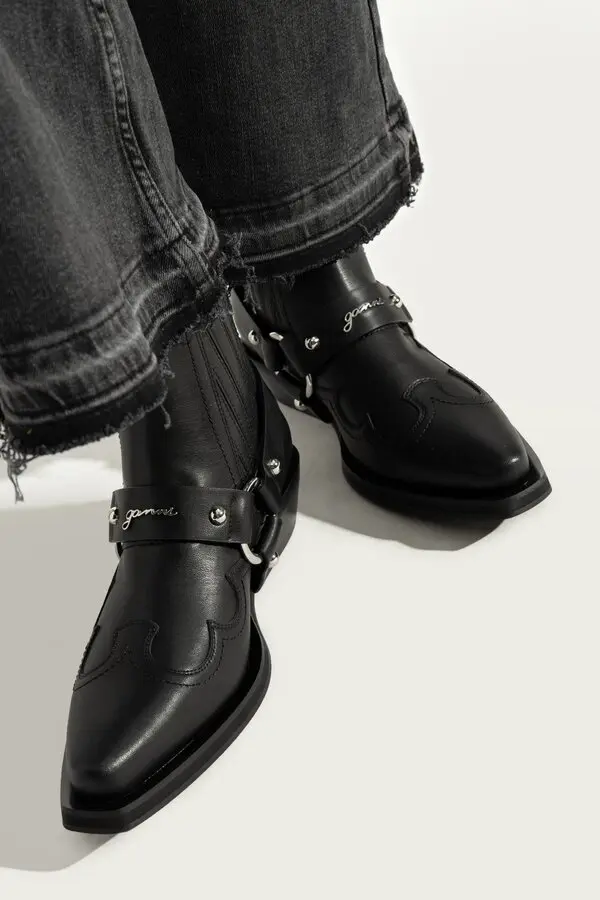 GANNI Leather Ankle Boots With Buckle Detail