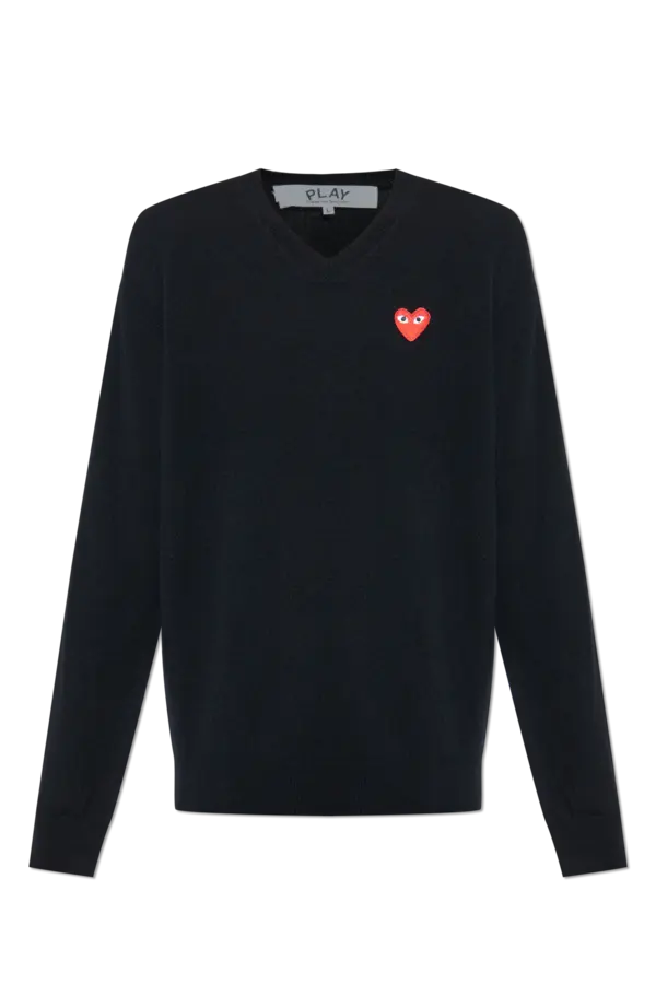 Play Comme Des Garcon V-neck Wool Sweater With Heart Patch - Black