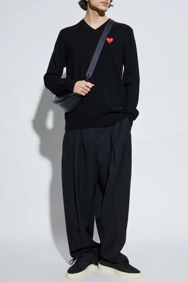 Play Comme Des Garcon V-neck Wool Sweater With Heart Patch - Black
