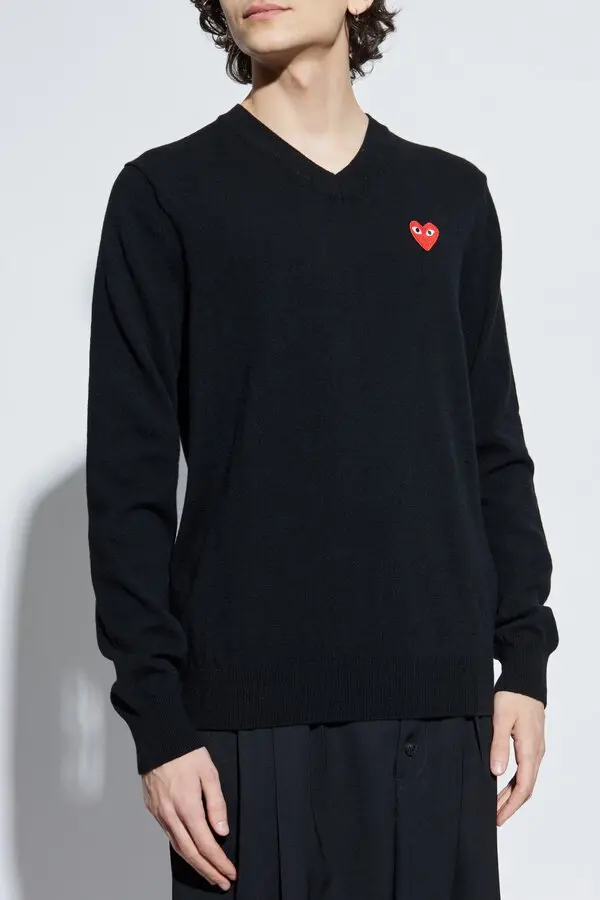 Play Comme Des Garcon V-neck Wool Sweater With Heart Patch - Black
