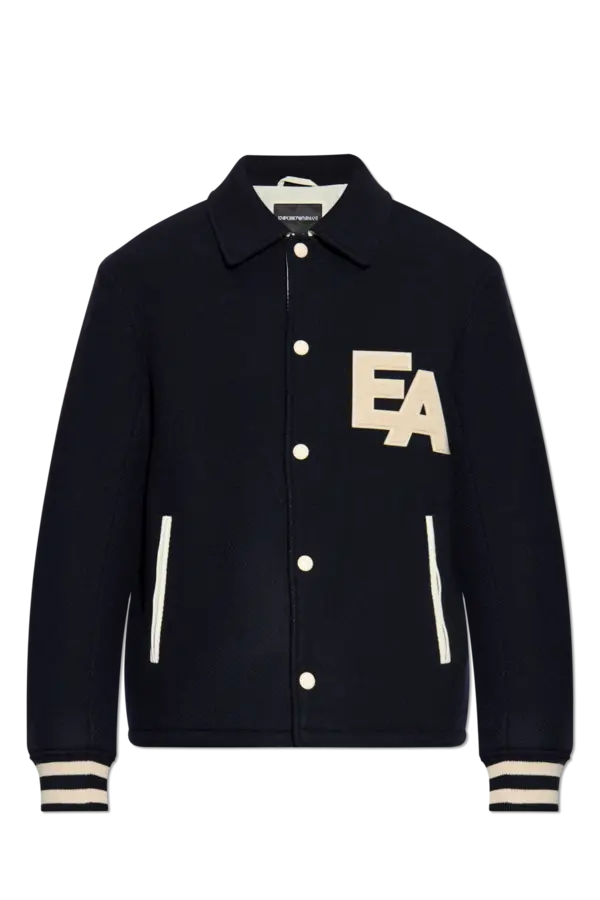 Emporio Armani Wool Bomber Jacket With Logo Patch - Navy Blue