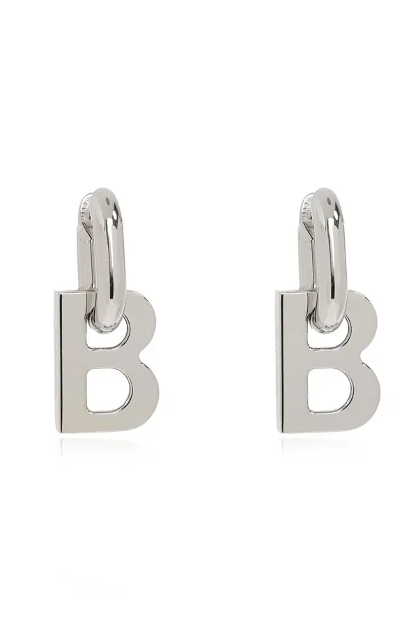Balenciaga Brass Logo Earrings - Silver