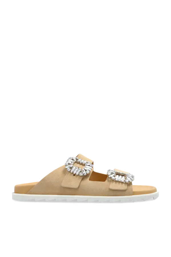 ROGER VIVIER Suede Slides With Shimmering Appliqués - Beige
